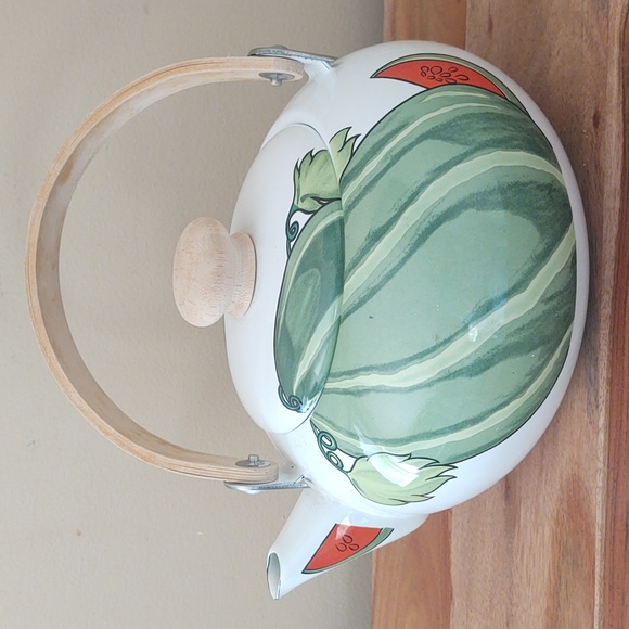 Kitchen | Watermelon Enamel Teapot W Wood Handle Vintage | Poshmark